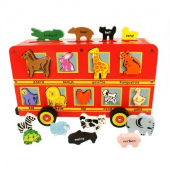 HOUT-DOE.NL | Duurzaam houten speelgoed. Autobus vormenpuzzel met veel dieren Nederlands kopen ...